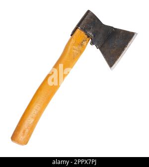 small tourist hatchet on wooden handle with sharp edge of blade ...
