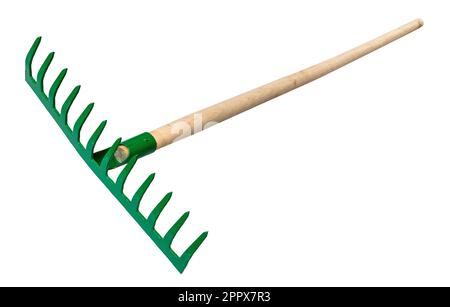 side view of steel rake with tines downwards with wooden handle ...