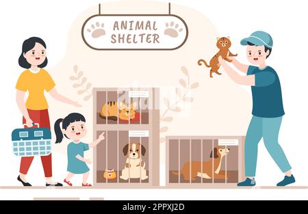 Animal shelter with pets in cages. Man and woman volunteers feeding ...