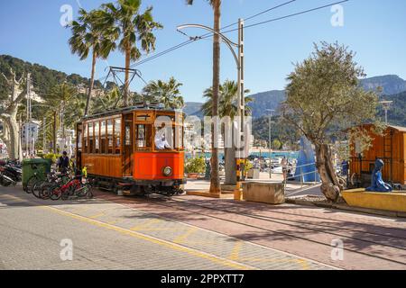 Historic train passing through the village of Puerto Soller, Soller ...