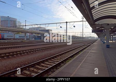 Trains waiting at the platforms at Petržalka railway station ...