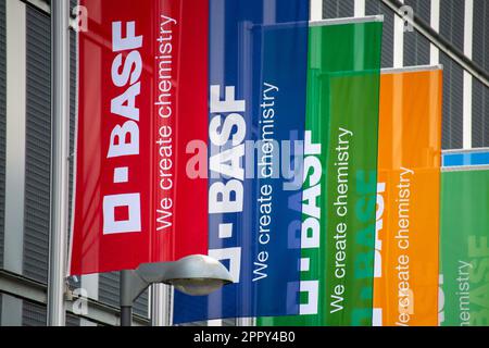 BASF flags in Ludwigshafen am Rhein (Ludwigshafen, Germany, April 25 ...