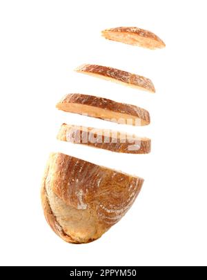 Falling slices of rye bread isolated on white background Stock Photo ...