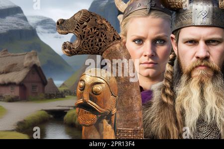 A pair of Vikings against the backdrop of a typical village Stock Photo ...