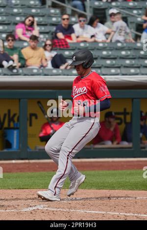 April 22 2023: Reno designated hitter Seth Beer (28) gets a hit during ...