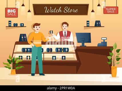 Watches Store with Various Models, Analog and Digital in Flat Cartoon ...
