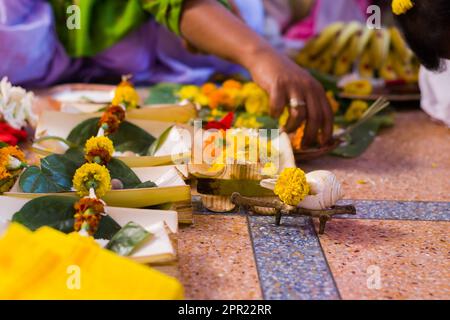 Durga puja ritual being performed by priest. The Hindu priest ...