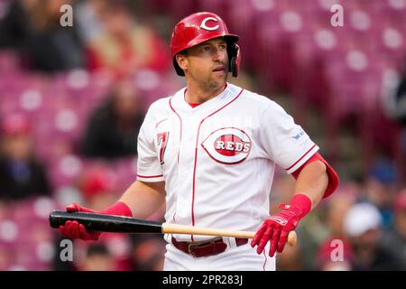 Cincinnati Reds' Spencer Steer takes an at-bat during a baseball game ...