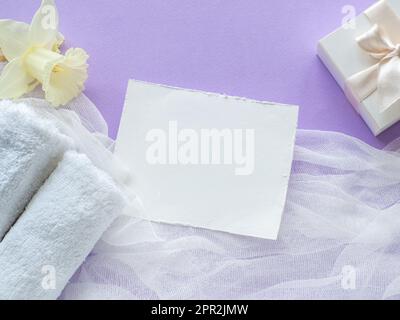 daffodils flower, gift box and paper background with copy space Stock ...