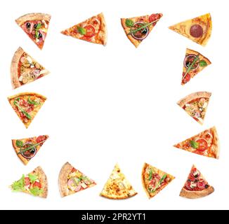 Frame made from slices of different pizzas on white background Stock ...