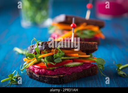 gluten free vegan sandwiches with beet hummus, raw vegetables and ...
