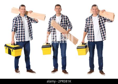 Collage with photos of carpenter with wooden planks on white background ...