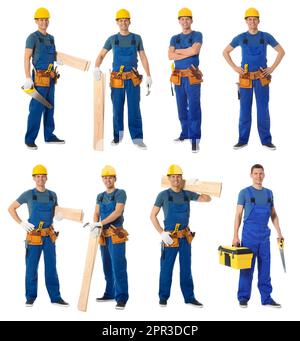 Collage with photos of carpenter with wooden planks on white background ...
