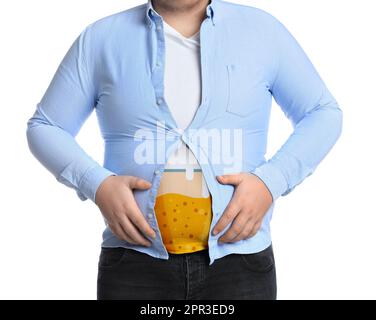 Beer belly problem. Overweight man on white background, closeup Stock ...