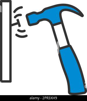 Icon Of Hammer Beat To Nail. Outline With Color Fill Design. Vector ...