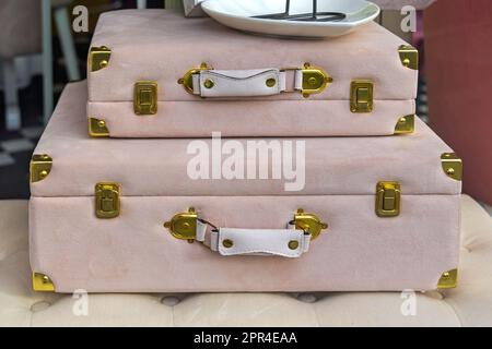 Two Plush Suitcases With Golden Details Luxuryy Style Luggage Set Stock ...