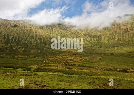 A panoramic view inside Caldeirão, the volcanic caldera of Corvo island ...