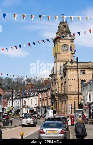 Pennant bunting and the neoclassical Welshpool Town Hall on Broad ...