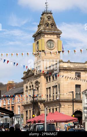 Pennant bunting and the neoclassical Welshpool Town Hall on Broad ...