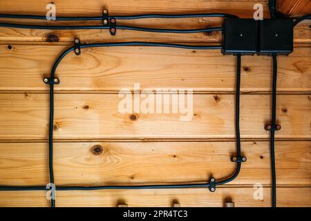 External electrical wiring in a wooden house. Safe Installation of ...