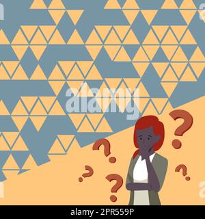 Lady Drawing Brainstorming New Solutions Surrounded With Question Marks ...