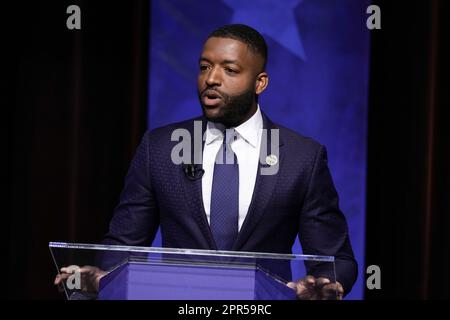 Mayoral candidate State Rep. Amen Brown speaks during a Democratic ...