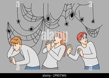 Scared young woman with tarantula on white background. Arachnophobia ...