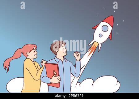 People excited about rocket flying in sky. Businesspeople celebrate ...