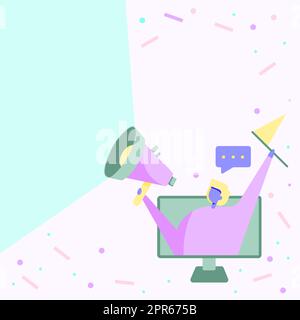 Lady Inside A Monitor Screen Drawing Holding Megaphone And Flag With ...