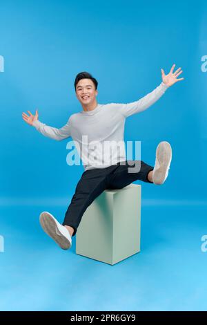 Full length photo of nice young guy festive event promo dancing have ...