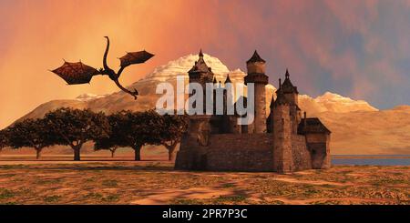 A fearsome dragon attacks a castle in medieval Europe Stock Photo - Alamy