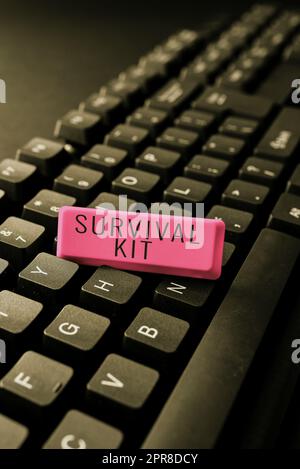 Handwriting text Survival Kit. Business showcase Emergency Equipment ...