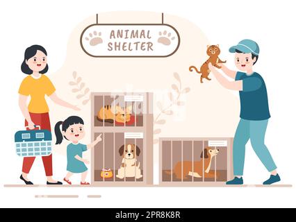 Animal Shelter Cartoon Illustration with Pets Sitting in Cages and ...