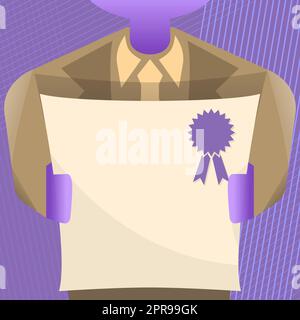 Child In Suit Holding Blank Paper Sheet With Stamp And Ribbons Stock ...