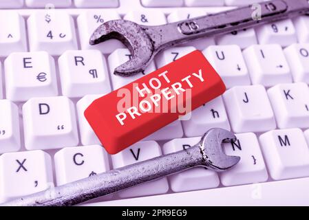 Sign displaying Hot Property, Word Written on Something which is sought ...