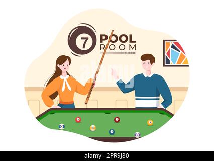 Billiards Game Illustration with Player Pool Room with Stick, Table and ...