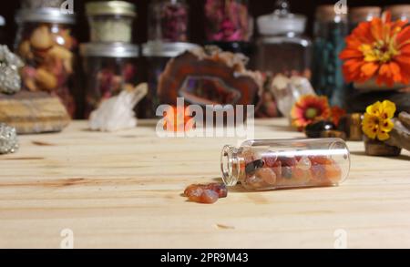 Meditation Altar With Rock Crystals and Flowers. Large Obsidian Crystal ...