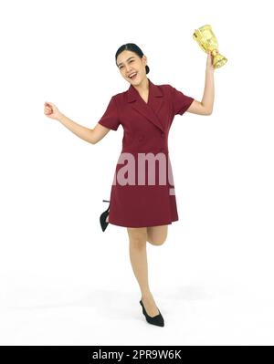 Successful asian businesswoman in red blazer, taking selfie on ...