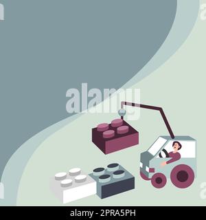 Forklift Moving Around Cubes For New Buildings And Plans. Man In Crane ...