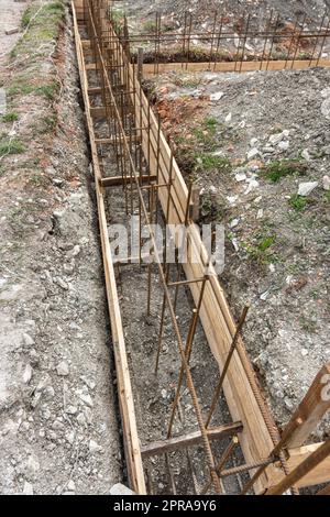 Foundation trench with reinforcement for the construction of the fence ...
