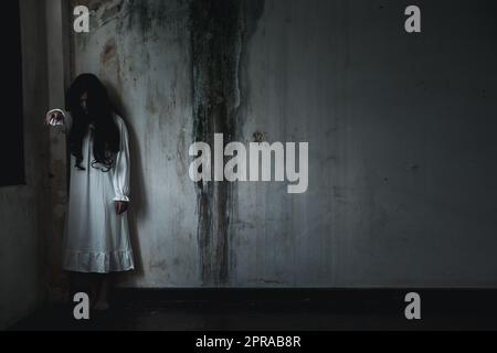 Creepy dead horror ghost costume, woman with bloody mouth and white ...