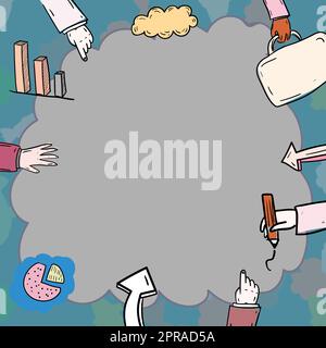 4 blue hands pointing at blank space over blue background. Perfect ...