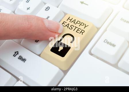 Hand writing sign Happy Easter. Business idea Christian feast ...