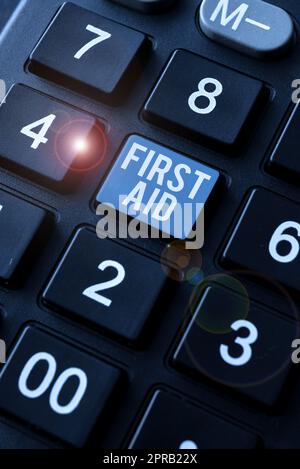 Text caption presenting First Aid. Concept meaning Practise of healing ...