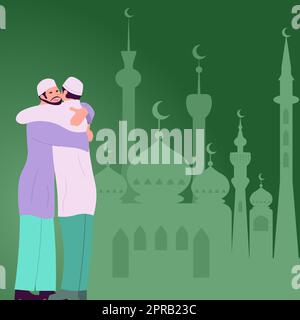 Friends Hugging In Front Of Mosque Celebrating Ramadan. Men In ...