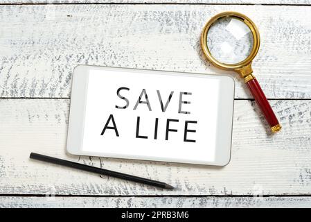Conceptual caption Save A Life. Word Written on Help assistance saving ...