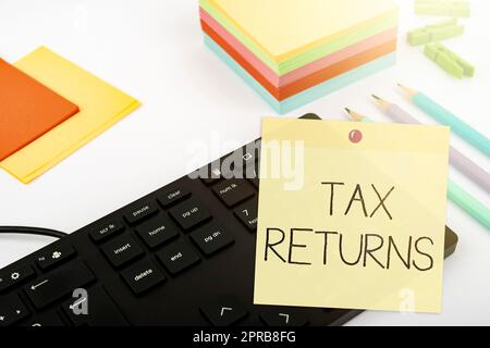 Text caption presenting Tax Returns. Business idea Tax payer financial ...