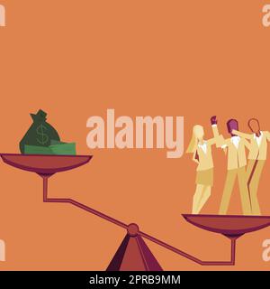 Weight scale presenting workers value over money. Colleagues achieving ...