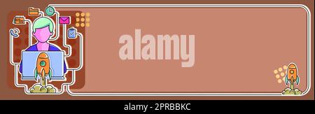 Illustration With Man Typing New Ideas On Lap Top With Rockets In ...