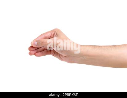 Man hand hanging something blank isolated on a white background Stock ...